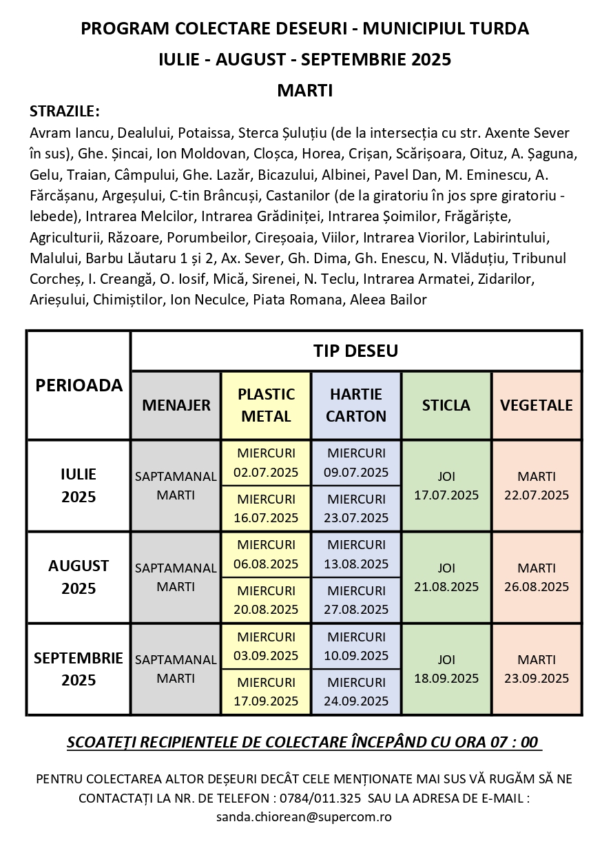 Anunț – Program de colectare a deșeurilor pentru lunile iulie, august și septembrie 2025 ...